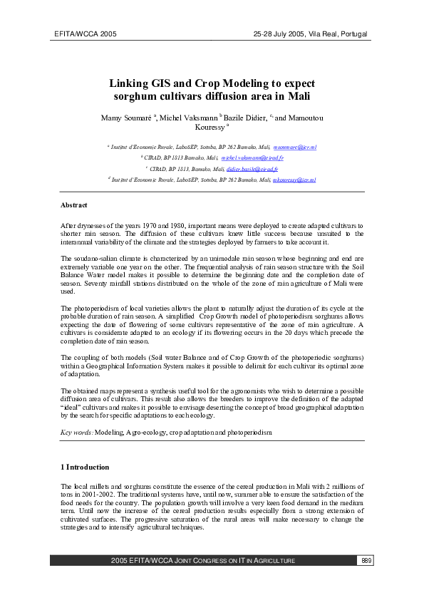 Pdf Linking Gis And Crop Modeling To Expect Sorghum Cultivars Diffusion Area In Mali
