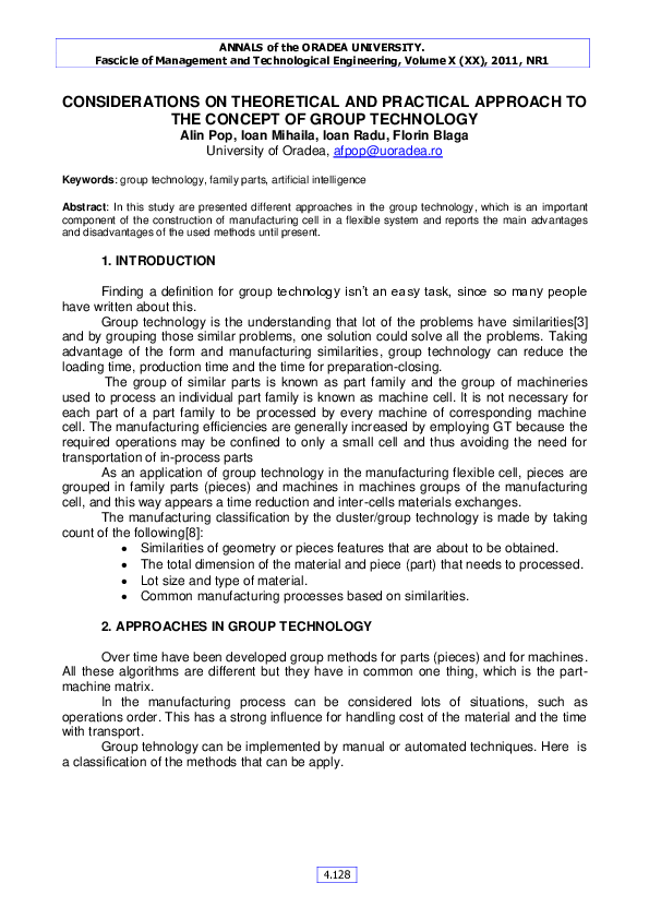 (PDF) Considerations on Theoretical and Practical Approach to the Concept of Group Technology
