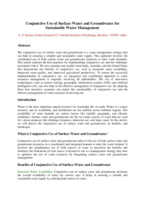 Pdf Conjunctive Use Of Surface Water And Groundwater For Sustainable Water Management