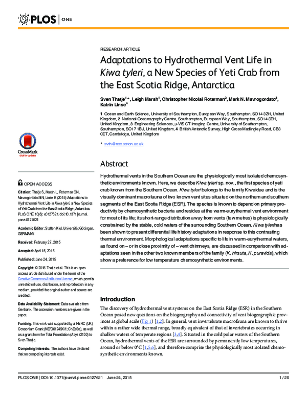 (PDF) Adaptations to Hydrothermal Vent Life in Kiwa tyleri, a New ...