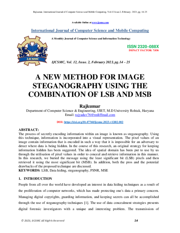 (PDF) A NEW METHOD FOR IMAGE STEGANOGRAPHY USING THE COMBINATION OF LSB ...