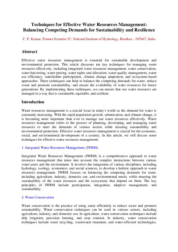 (PDF) Techniques for Effective Water Resources Management: Balancing ...