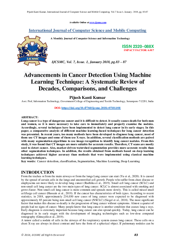 (PDF) Advancements in Cancer Detection Using Machine Learning Technique ...