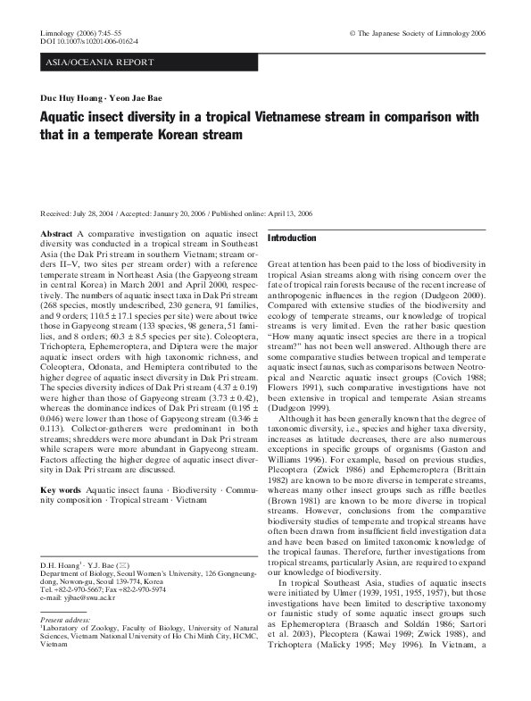 (PDF) Aquatic insect diversity in a tropical Vietnamese stream in ...