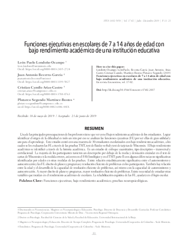 (PDF) Executive functions in schoolchildren aged 7 to 14 years with Low ...