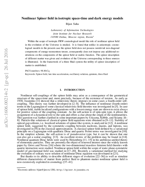Pdf Nonlinear Spinor Field In Isotropic Space Time And Dark Energy Models
