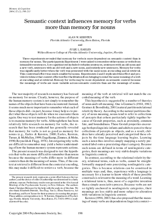 (PDF) Semantic context influences memory for verbs more than memory for ...