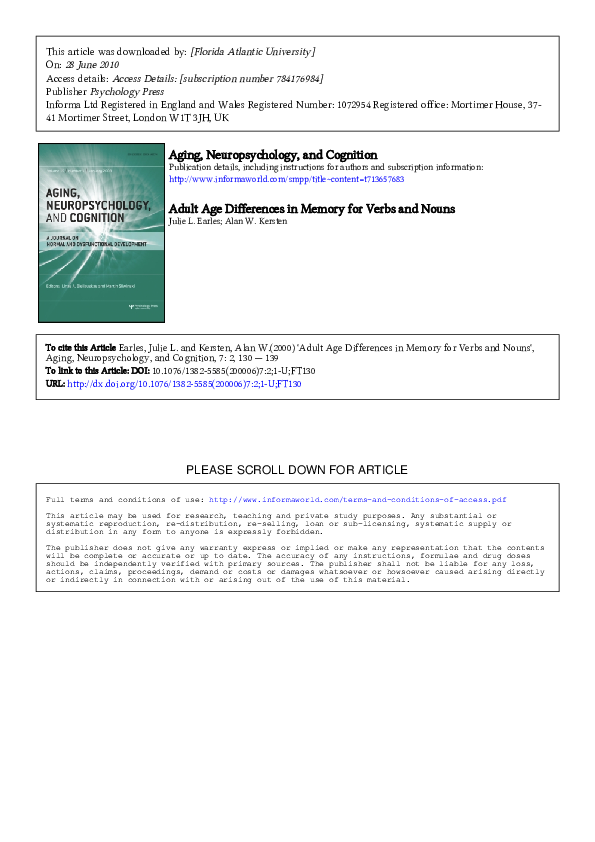 (PDF) Adult Age Differences in Memory for Verbs and Nouns