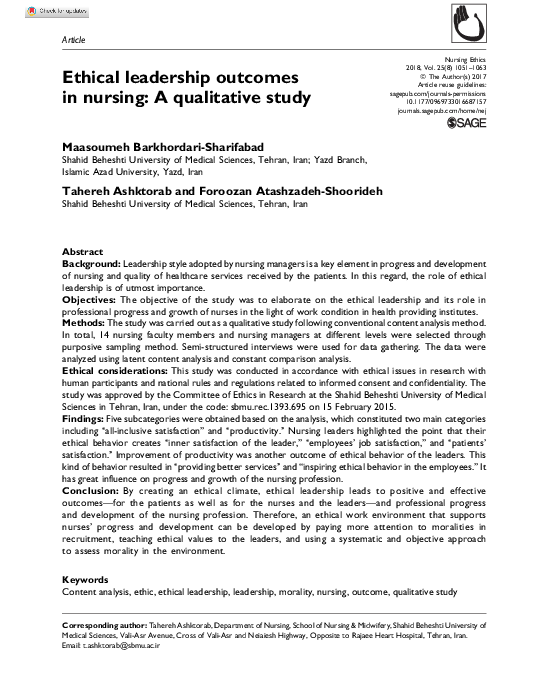 (PDF) Ethical leadership outcomes in nursing: A qualitative study