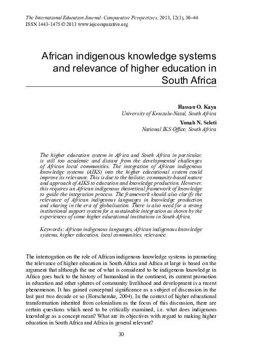 (PDF) African indigenous knowledge systems and relevance of higher ...