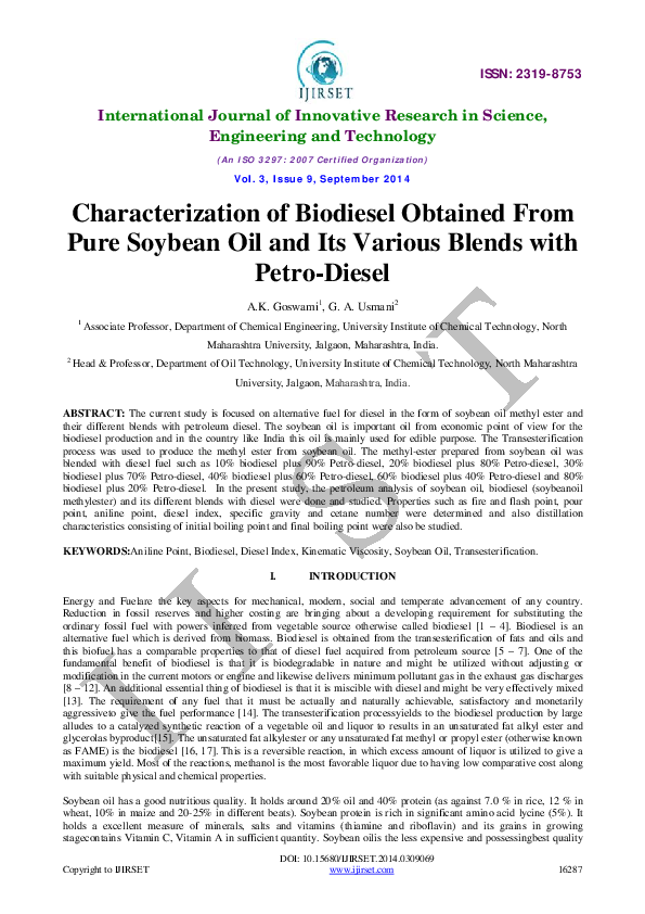 (PDF) Characterization of Biodiesel Obtained From Pure Soybean Oil and ...