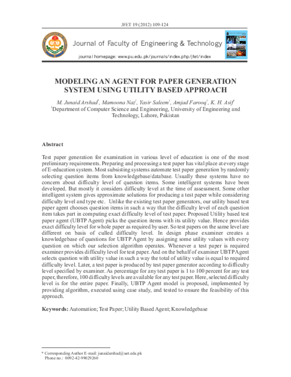 (PDF) Modeling an Agent for Paper Generation System using Utility Based ...