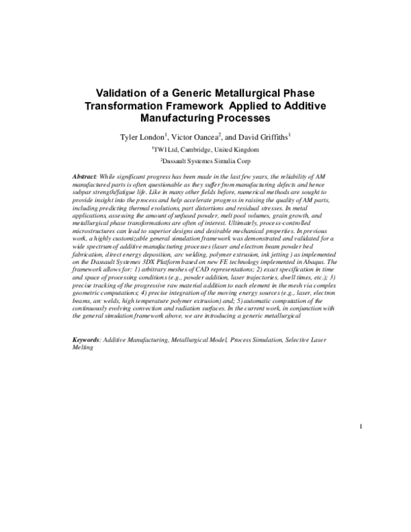 (PDF) Validation of a Generic Metallurgical Phase Transformation Framework Applied to Additive ...