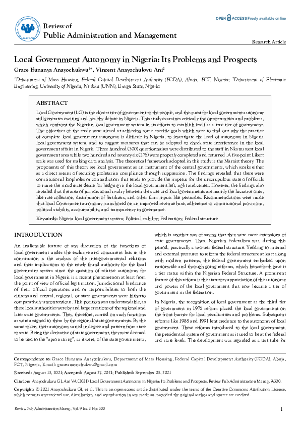 (PDF) Local Government Autonomy in Nigeria: Its Problems and Prospects