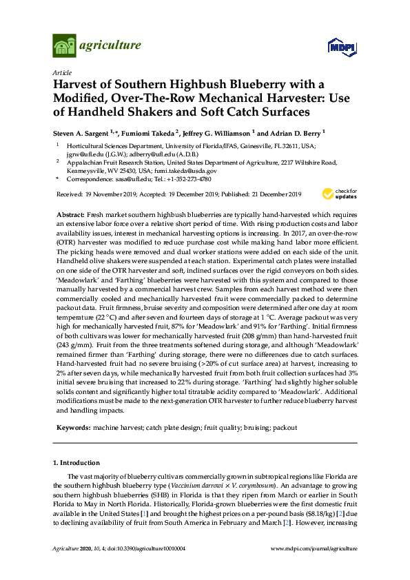 (PDF) Harvest of Southern Highbush Blueberry with a Modified, Over-The ...