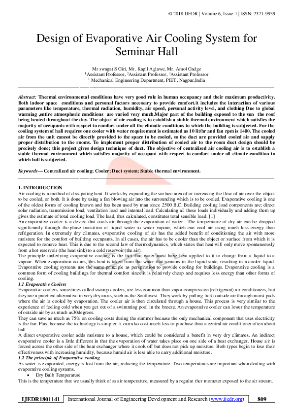 (PDF) Design of Evaporative Air Cooling System for Seminar Hall