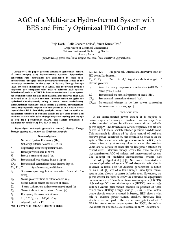 (PDF) AGC of a multi-area hydro-thermal system with BES and firefly optimized PID controller
