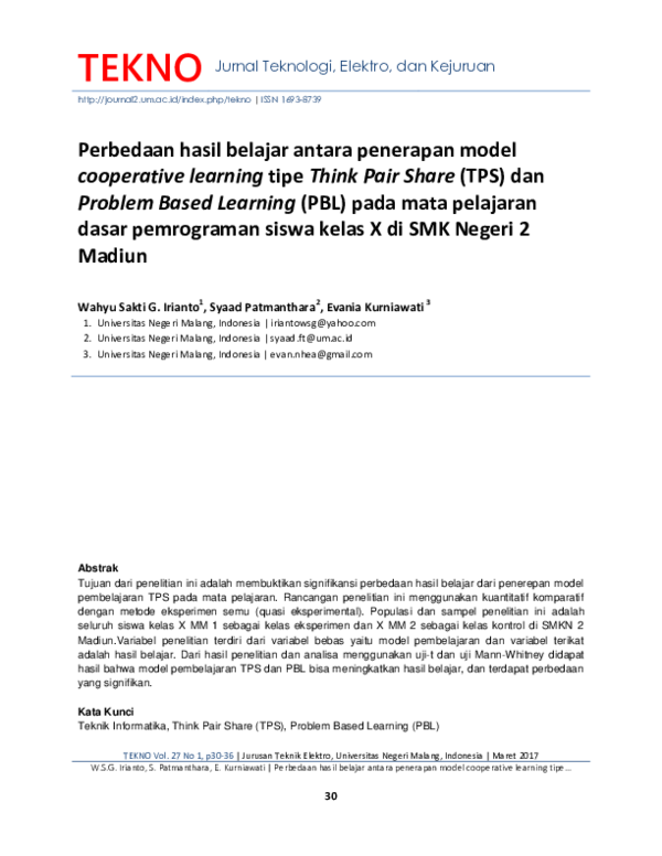 (PDF) Perbedaan hasil belajar antara penerapan model cooperative learning tipe Think Pair Share ...