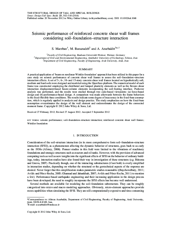(PDF) Seismic performance of reinforced concrete shear wall frames considering soil-foundation ...