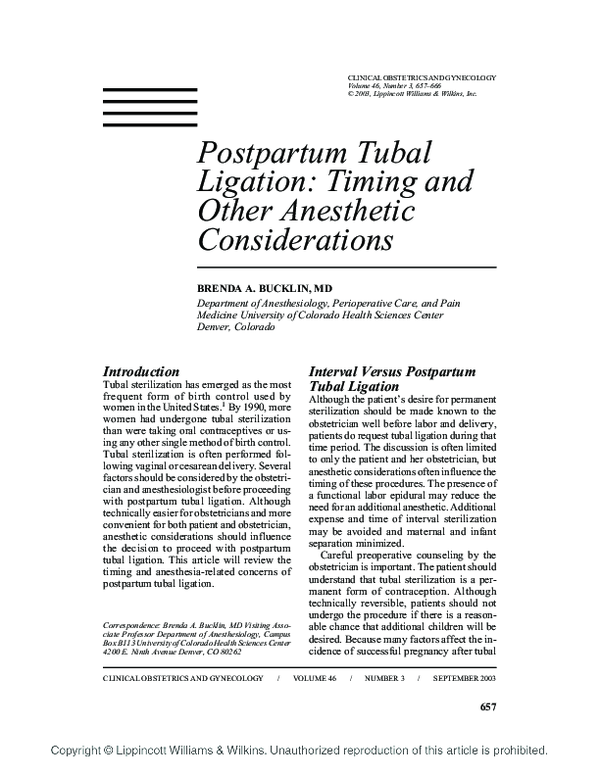 (PDF) Postpartum Tubal Ligation: Timing and Other Anesthetic Considerations