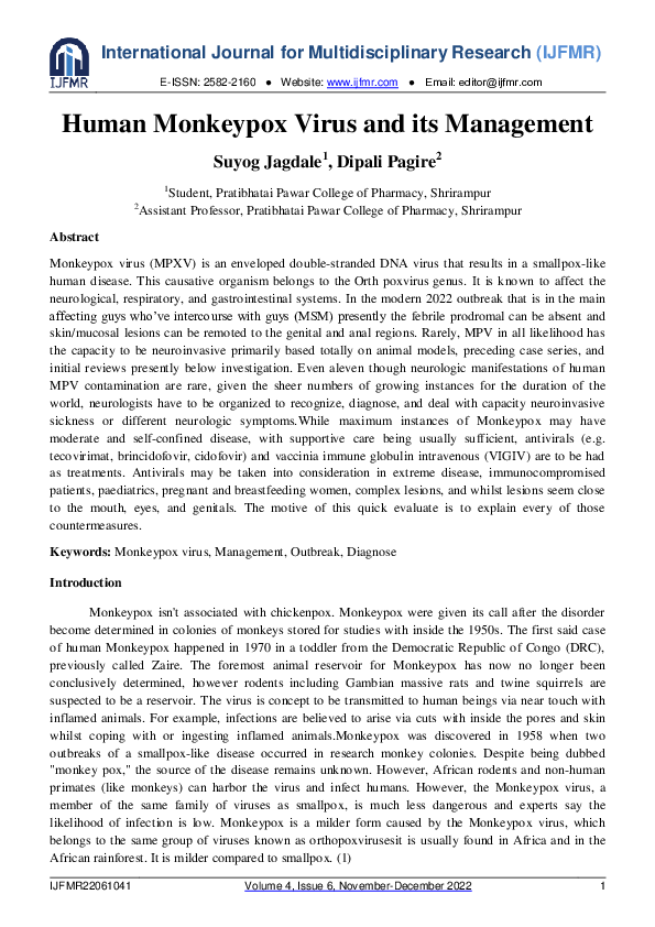 (PDF) Human Monkeypox Virus and its Management
