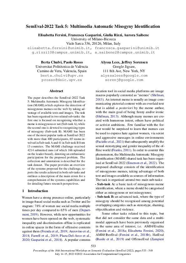(PDF) SemEval-2022 Task 5: Multimedia Automatic Misogyny Identification