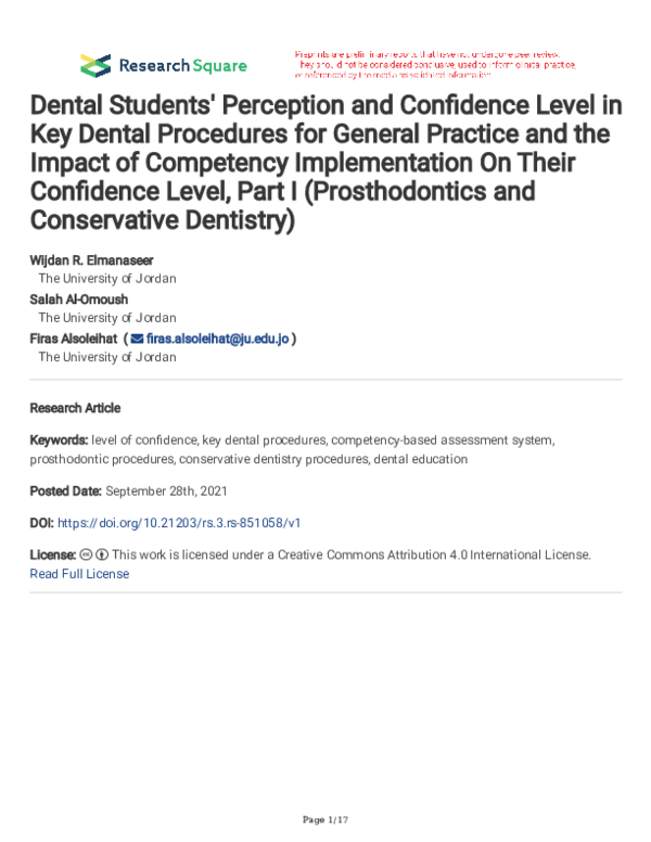 (PDF) Dental Students' Perception and Confidence Level in Key Dental Procedures for General ...