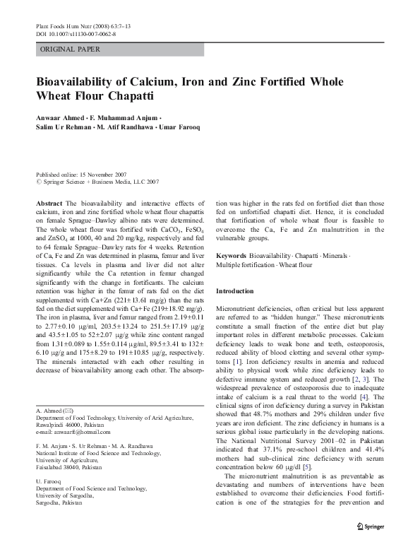 (PDF) Bioavailability of Calcium, Iron and Zinc Fortified Whole Wheat ...