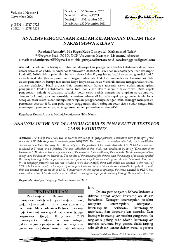 (PDF) Analisis Penggunaan Kaidah Kebahasaan Dalam Teks Narasi Siswa Kelas V