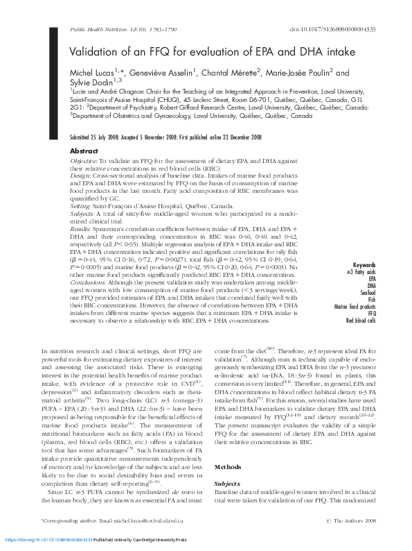 (PDF) Validation of an FFQ for evaluation of EPA and DHA intake ...