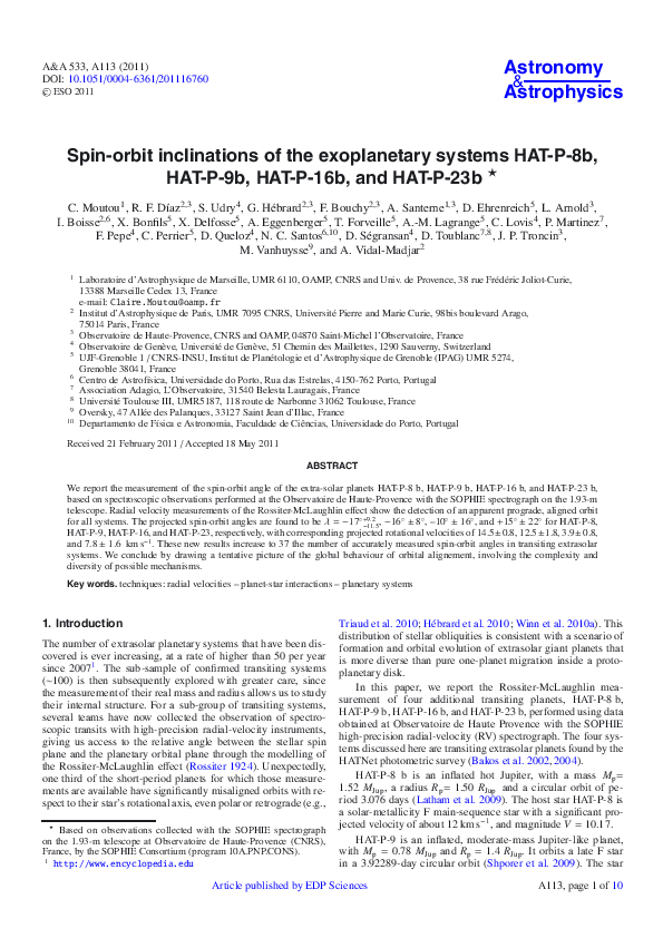 (PDF) Spin-orbit inclinations of the exoplanetary systems HAT-P-8b, HAT ...