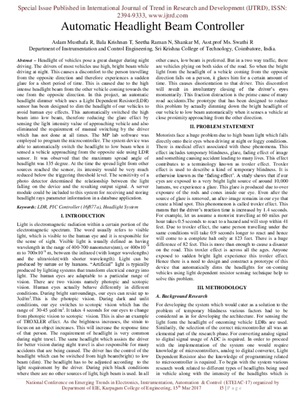 Pdf Automatic Headlight Beam Controller