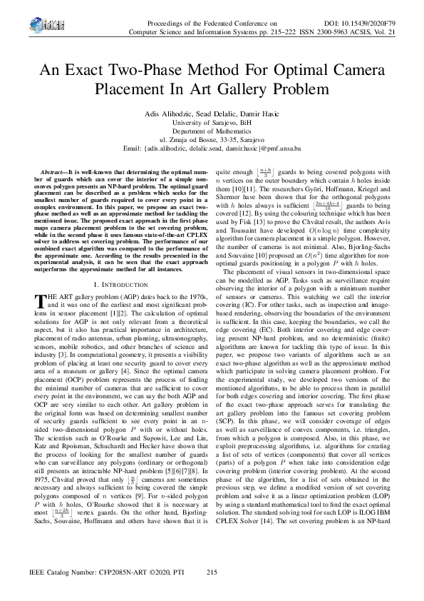 (PDF) An Exact Two-Phase Method For Optimal Camera Placement In Art ...