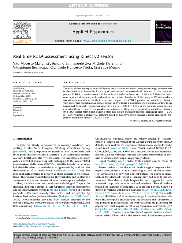 (PDF) Real time RULA assessment using Kinect v2 sensor