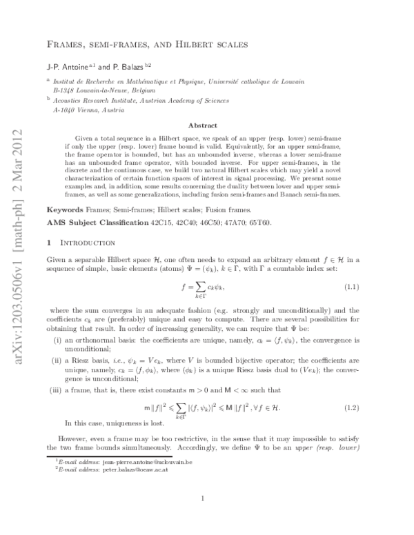(PDF) Frames, Semi-Frames, and Hilbert Scales | Peter Balazs - Academia.edu