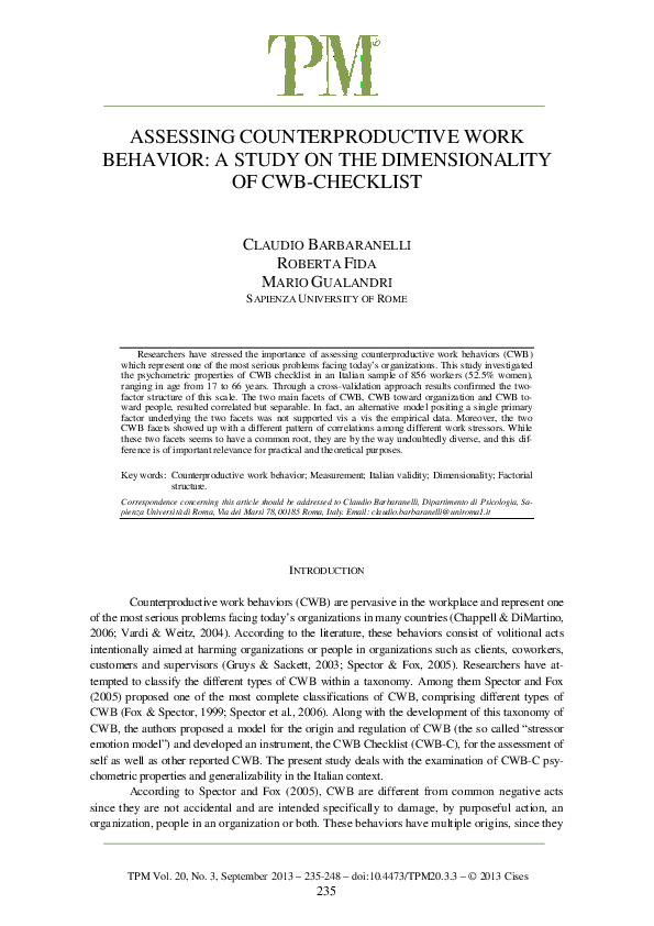 (PDF) Assessing counterproductive work behavior: A study on the dimensionality of cwb-checklist