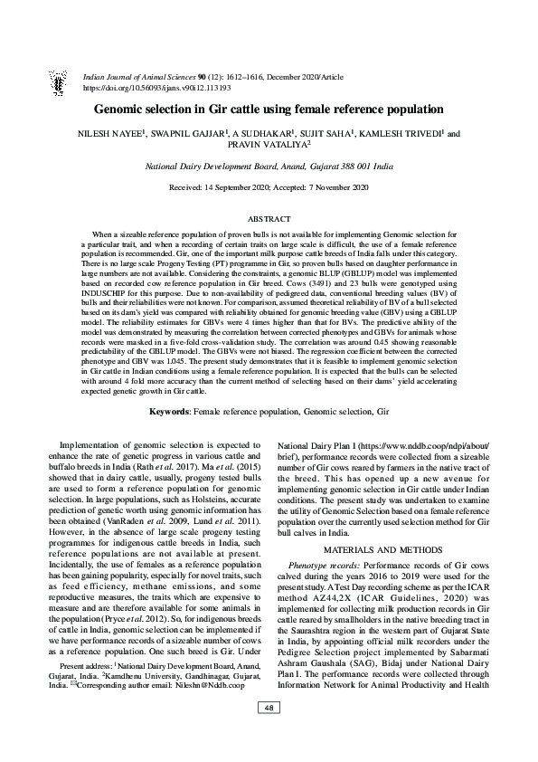 Pdf Genomic Selection In Gir Cattle Using Female Reference Population