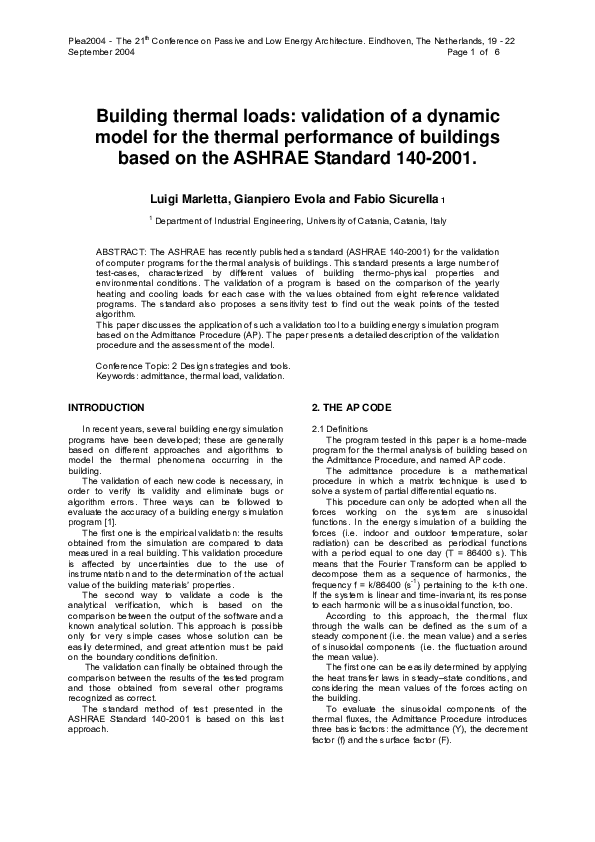 (PDF) Building thermal loads: validation of a dynamic model for the ... (PDF) Building thermal loads: validation of a dynamic model for the ...