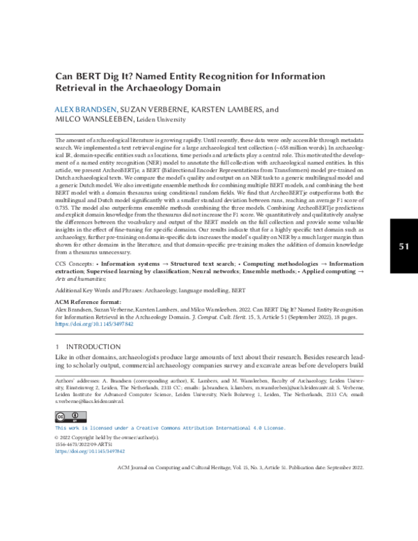 Pdf Can Bert Dig It Named Entity Recognition For Information Retrieval In The Archaeology Domain