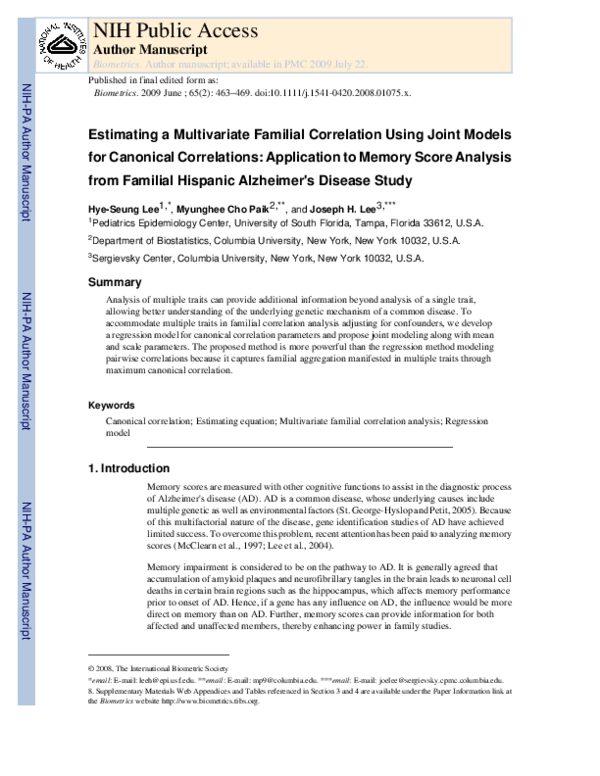 (PDF) Estimating a Multivariate Familial Correlation Using Joint Models for Canonical ...