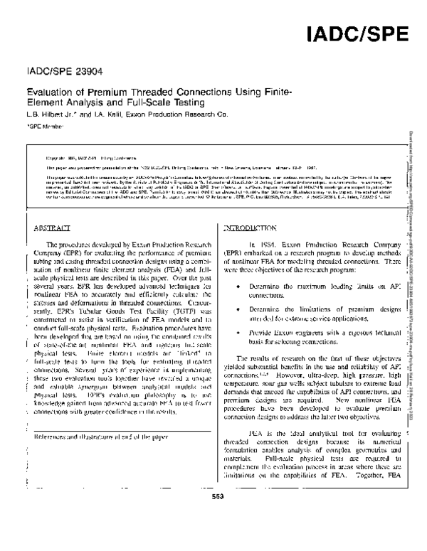 Pdf Evaluation Of Premium Threaded Connections Using Finite Element