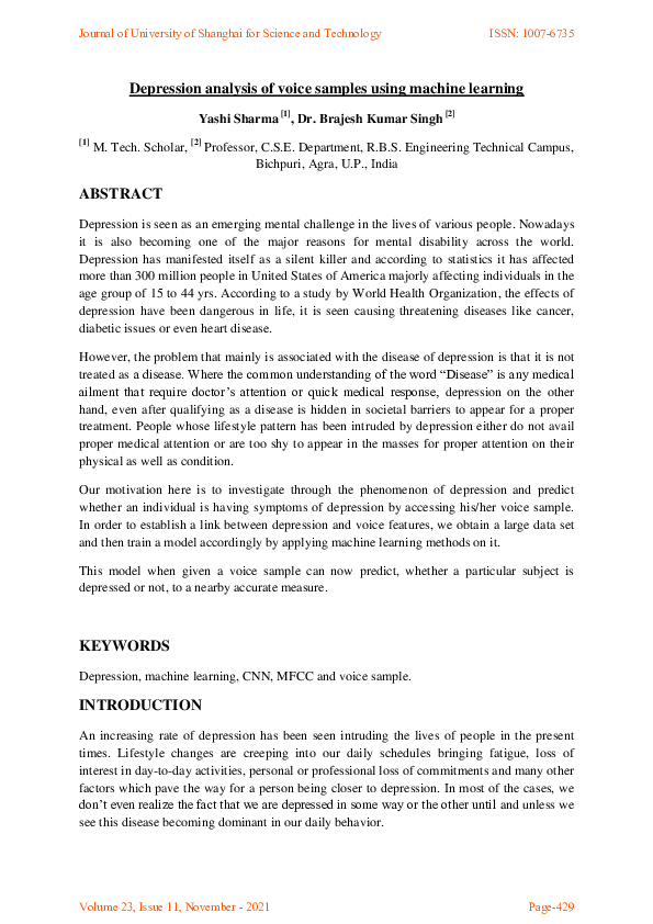 (PDF) Depression analysis of voice samples using machine learning