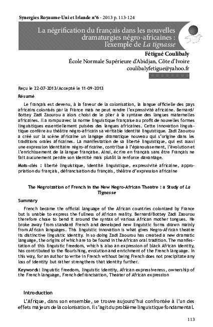 (PDF) La négrification du français dans les nouvelles dramaturgies ...