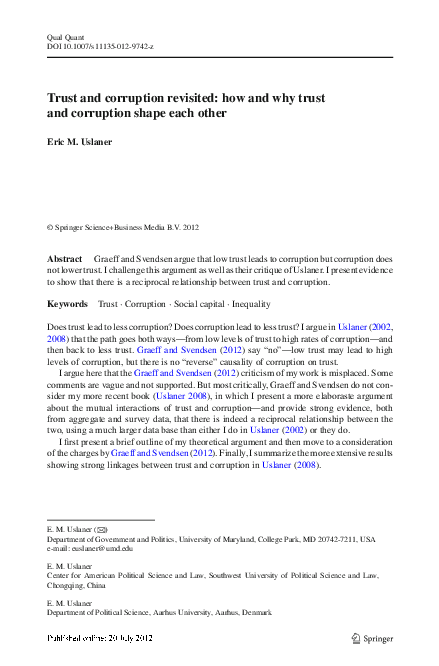(PDF) Trust and corruption revisited: how and why trust and corruption shape each other