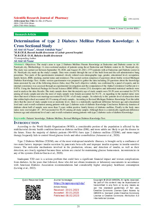 (PDF) Determination of type 2 Diabetes Mellitus Patients Knowledge: A ...