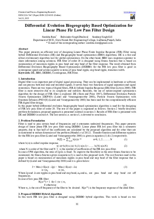 (PDF) Differential Evolution Biogeography Based Optimization for Linear Phase Fir Low Pass ...