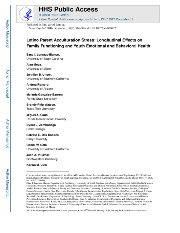(PDF) Latino parent acculturation stress: Longitudinal effects on family functioning and youth ...