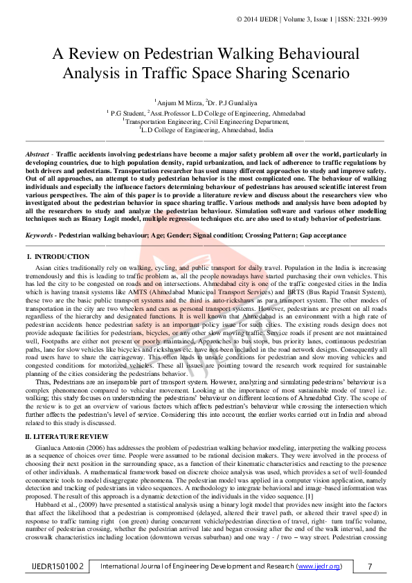 (PDF) A Review on Pedestrian Walking Behavioural Analysis in Traffic ...