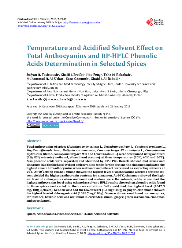 (PDF) Temperature and Acidified Solvent Effect on Total Anthocyanins and RP-HPLC Phenolic Acids ...