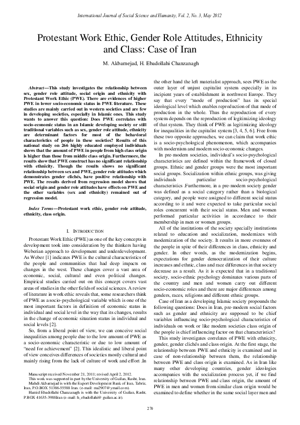 (PDF) Protestant Work Ethic, Gender Role Attitudes, Ethnicityand Class ...